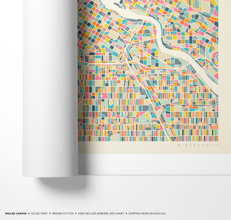 MINNEAPOLIS MAP (giclée Fine Art Print) Colorful Modern City Street Map ...