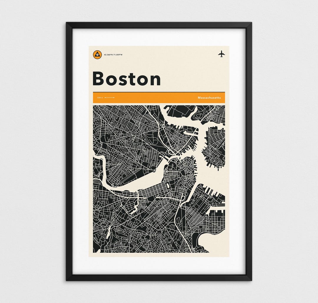 BOSTON MAP (giclée Fine Art Print) Retro Minimalist City Street Map ...