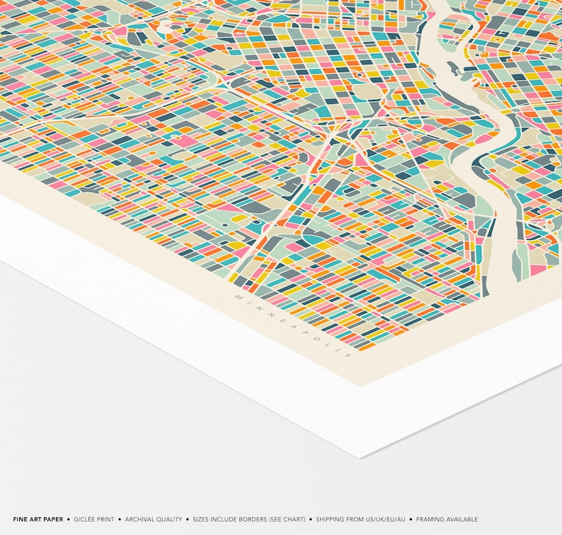 MINNEAPOLIS MAP (giclée Fine Art Print) Colorful Modern City Street Map ...