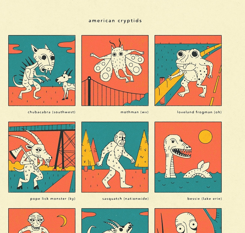AMERICAN CRYPTIDS, Retro Cryptozoology Pop Art Posters (giclée Fine Art ...