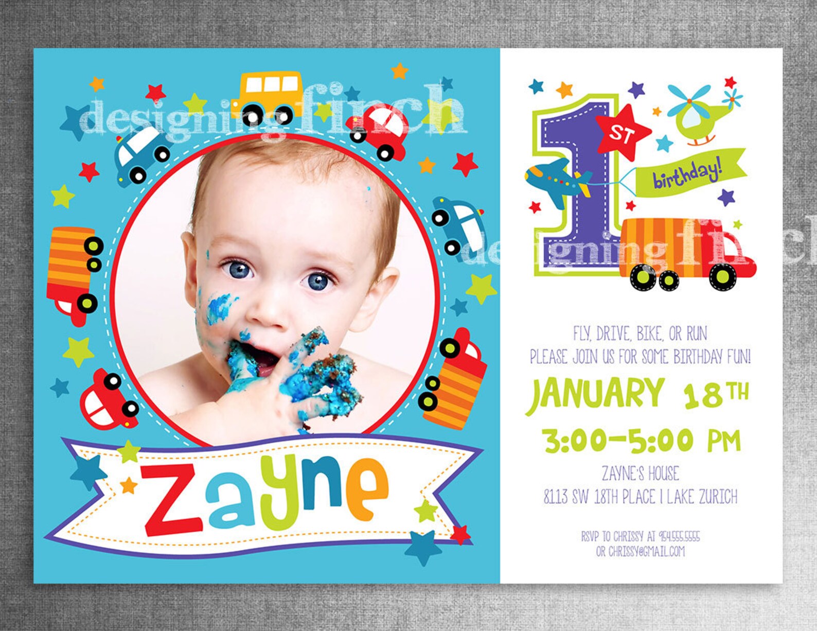 Toy Cars First Birthday Invitation Photo Card 5x7 Printable - Etsy