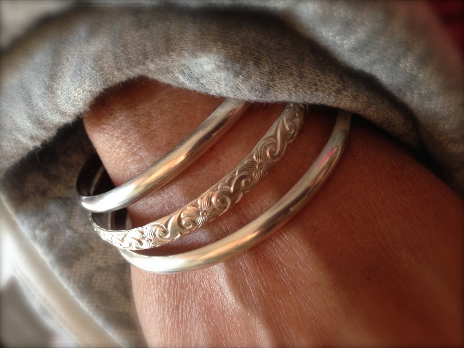 Set of 3 Heavy Sterling silver bangle bracelets half round and pattern Etsy