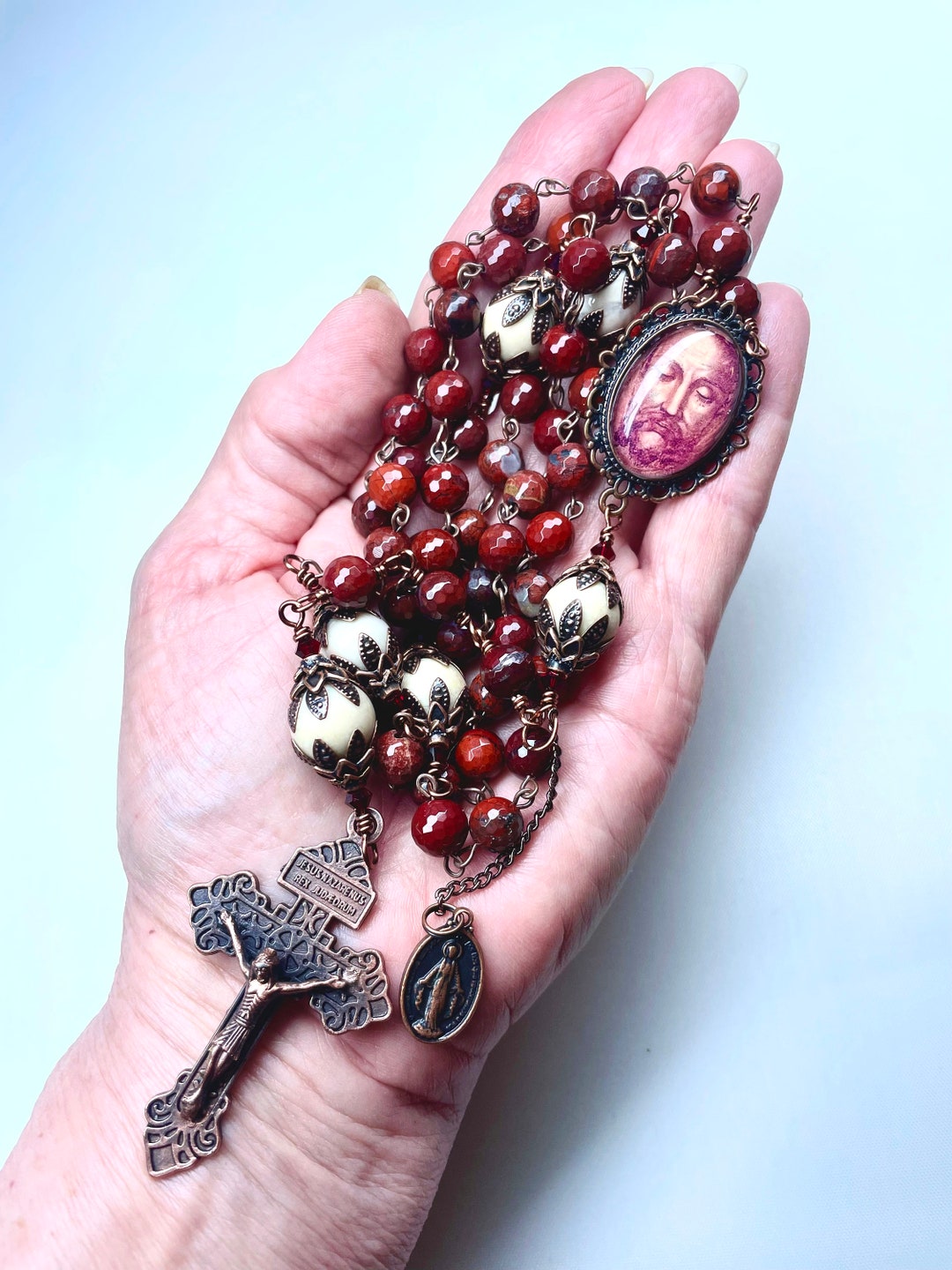 Holy Face of Jesus Catholic Copper Rosary,miraculous Mary Medal,8mm ...