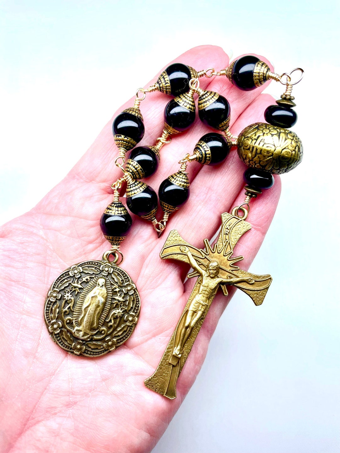 Catholic Wire Wrapped Tenner Rosary,our Lady of Guadalupe Medal,bali ...
