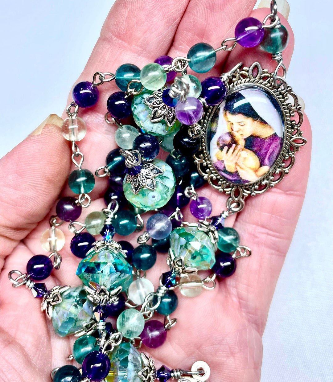 Catholic Rosary, Rainbow Fluorite, Czech Glass, Trinity Crucifix - Etsy