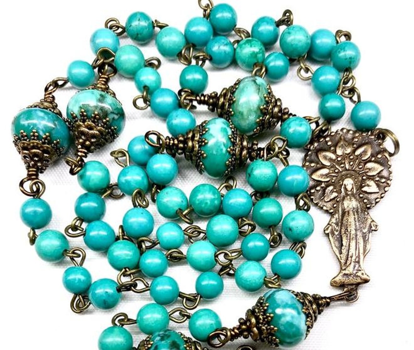 Bronze Catholic Rosary, Sinkiang Turquoise Beads, Immaculate Heart - Etsy