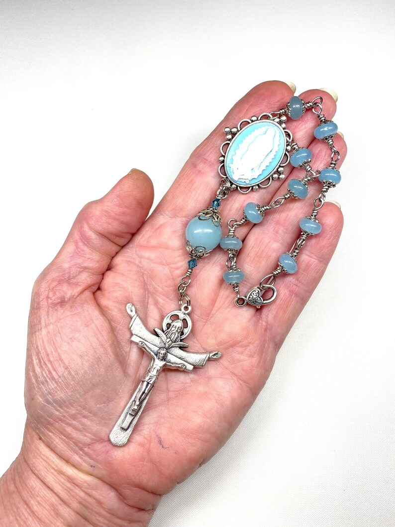 Aquamarine Rondelle Rosary, Our Lady of Guadalupe, Silver Holy Trinity ...