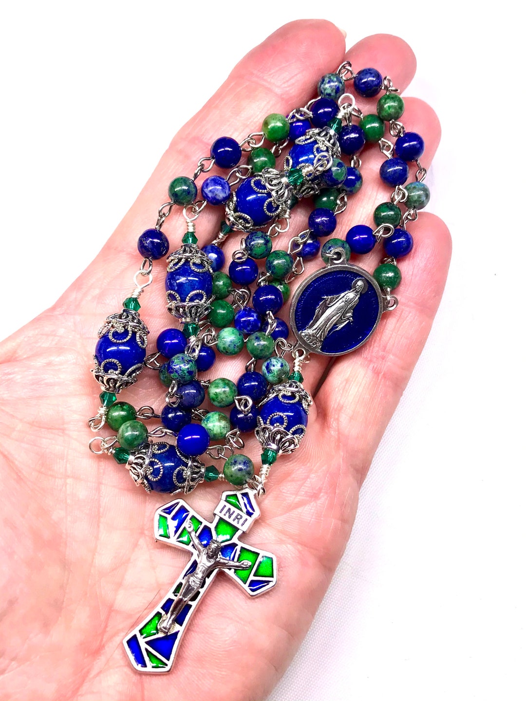 Catholic Rosary,blue Green & Silver,enameled INRI Crucifix and Center ...