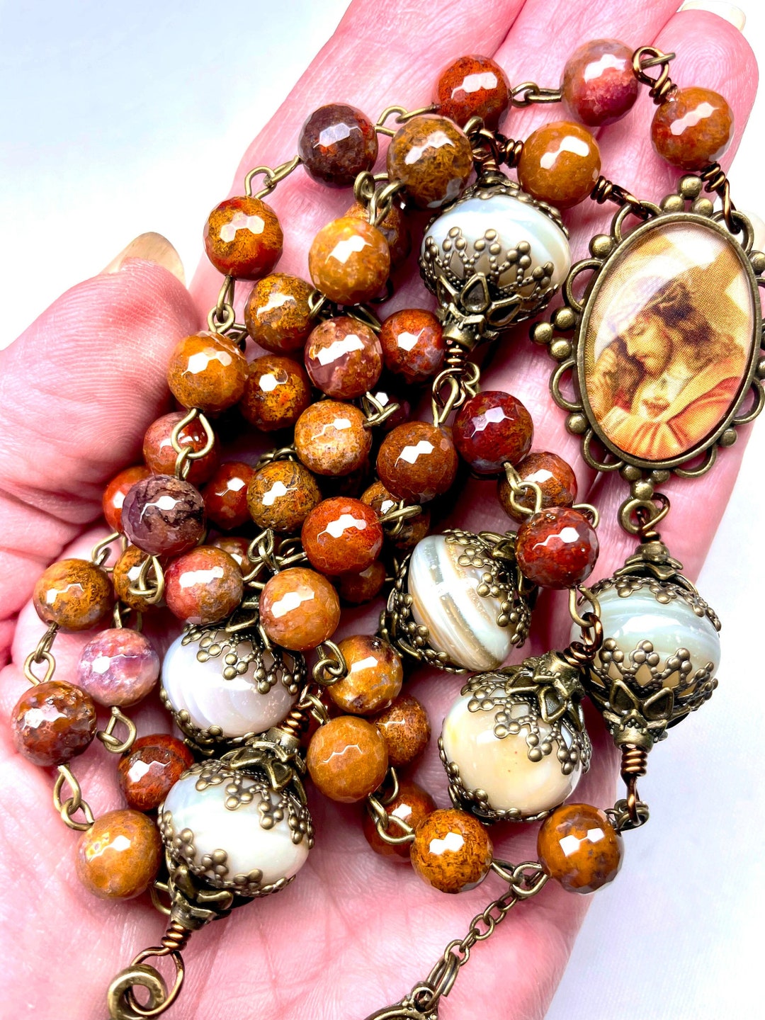 Catholic 5 Decade Rosary,agua Nueva Agates,caramel Swirl Agate ...