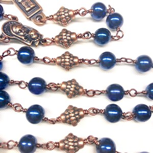 Catholic Rosary, LARGE Copper Crucifix, Navy Blue Pearls, Copper Beads ...