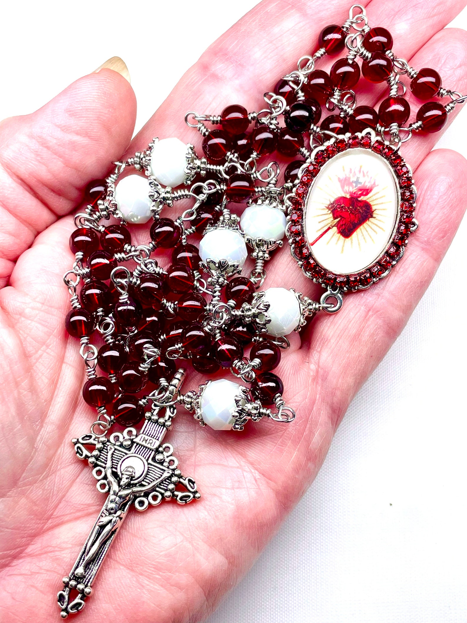 Catholic Sacred Heart Rosary, Red Ruby Glass Beads, Silver Crucifix - Etsy