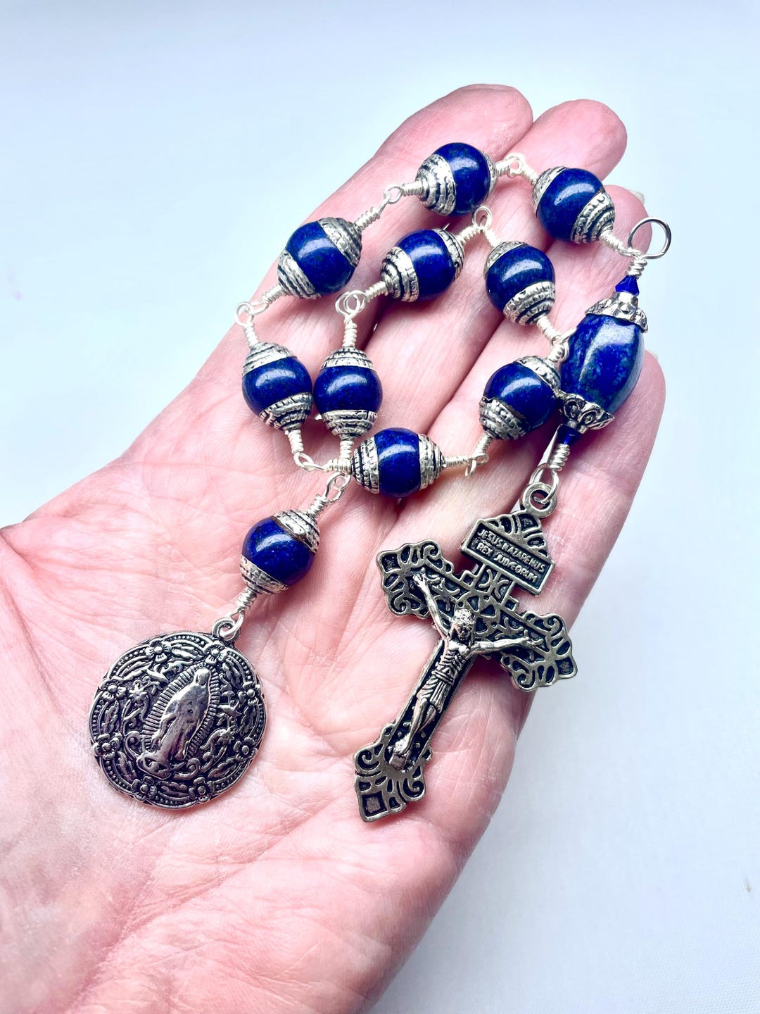 Tenner Rosary,blue & Silver,bali Beads,lapis Lazuli,olg Mary Medal ...