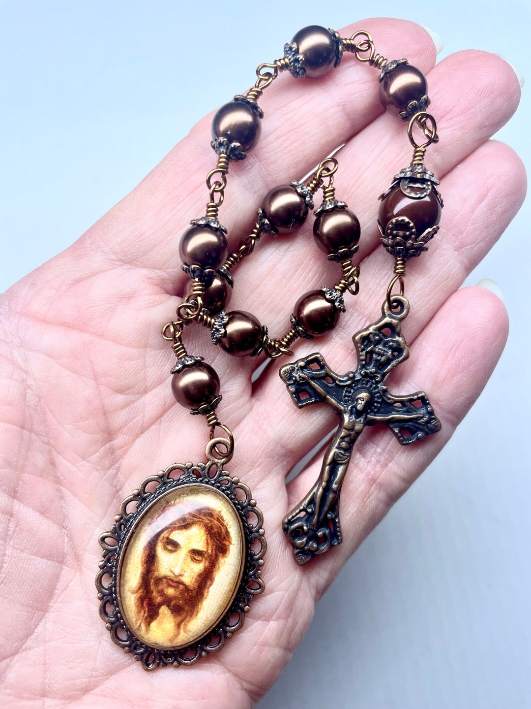Copper Catholic Tenner, Face of Jesus Image Medal, Swarovski Bronze ...