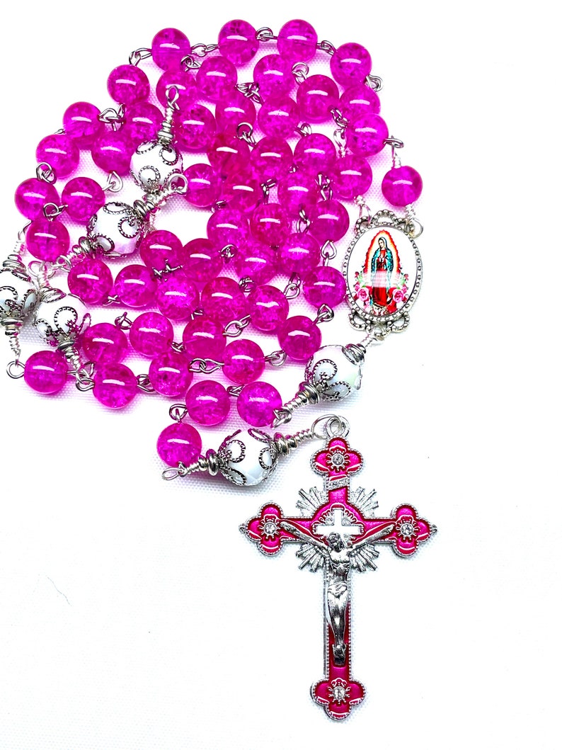 Our Lady of Guadalupe Rosary, Pink Crackle Glass, Catholic Gift - Etsy