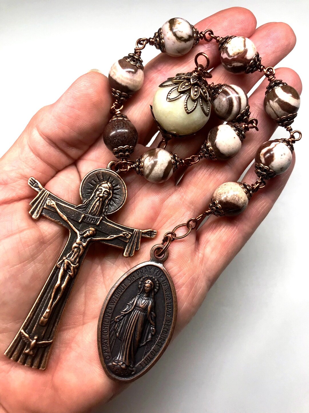 Copper Decade Rosary, Zebra Jasper Prayer Beads, Miraculous Medal - Etsy