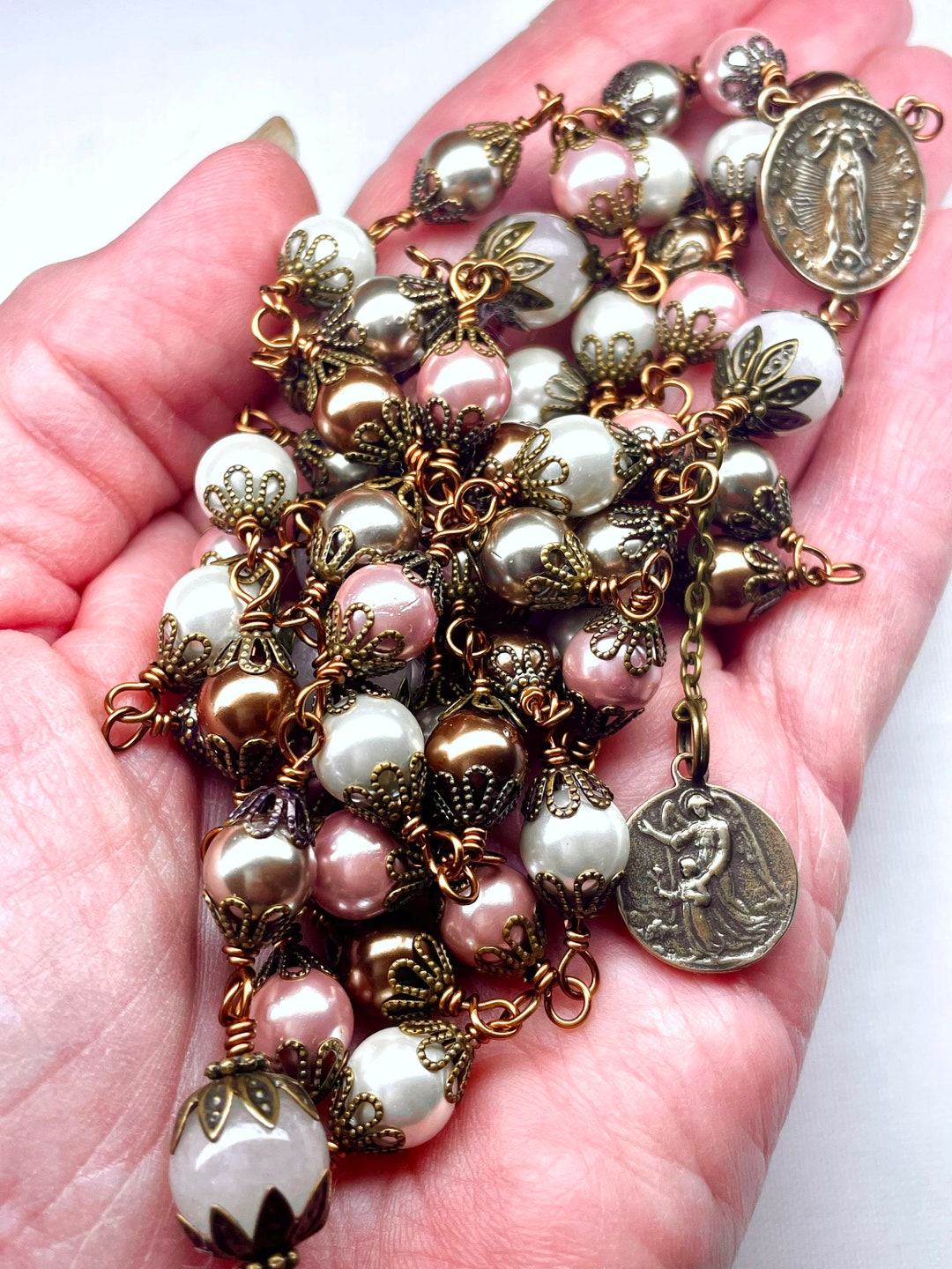 True Bronze Wire Wrapped Catholic Rosary,prayer Beads,multi Color ...