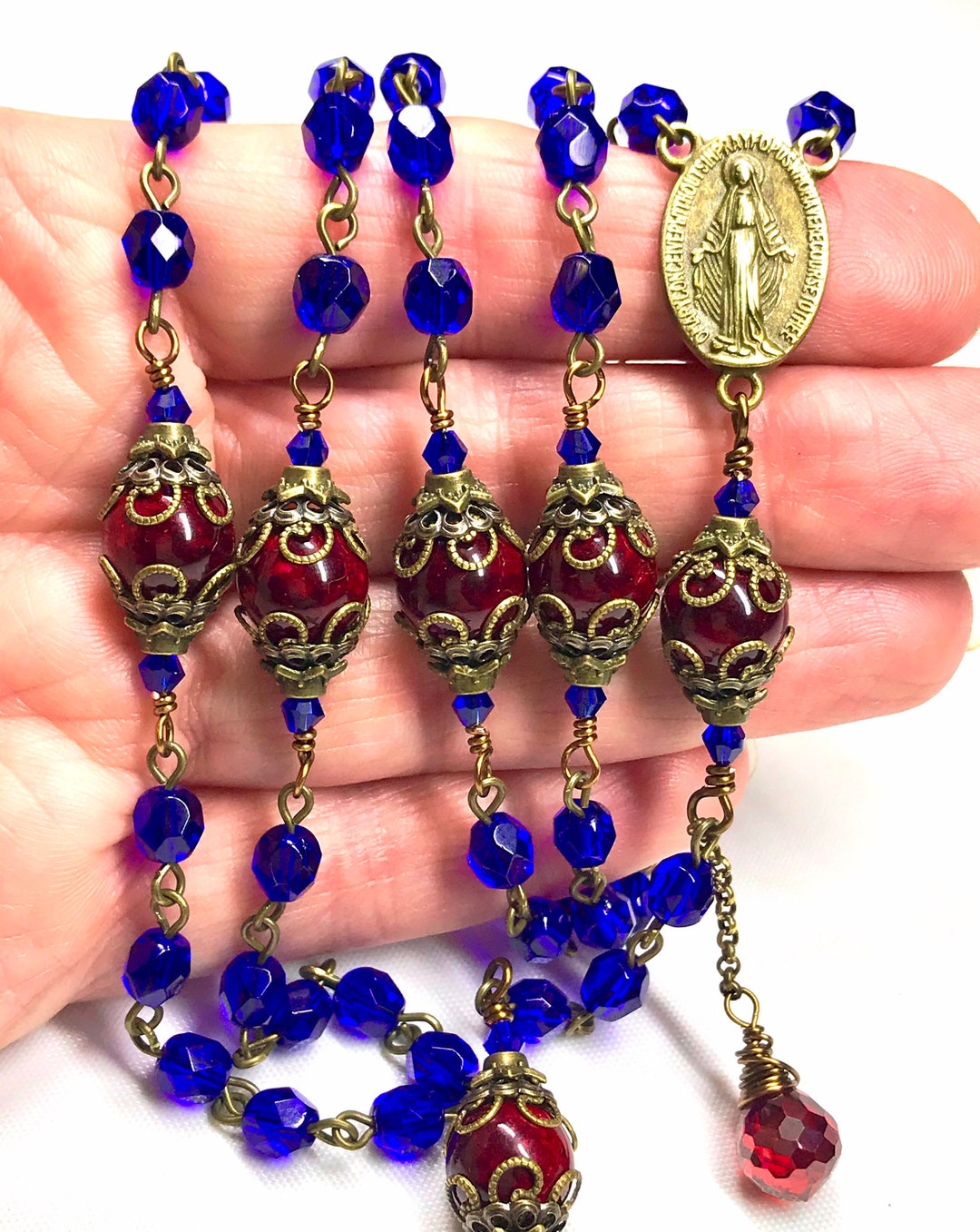 Catholic Rosary, Antique Bronze, Czech Cobalt Glass Beads, Garnet ...