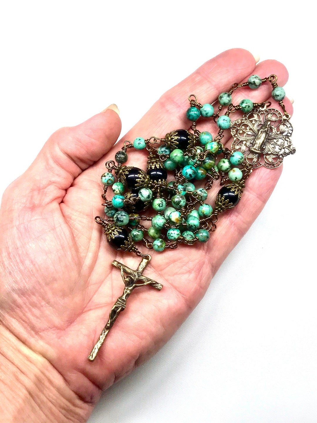 TRUE BRONZE Catholic Rosary,african Turquoise,black Onyx,unbreakable ...