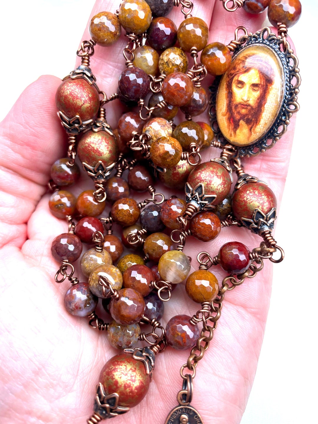 Catholic Agua Nueva Agate Rosary, Copper Crucifix, Miraculous Medal - Etsy