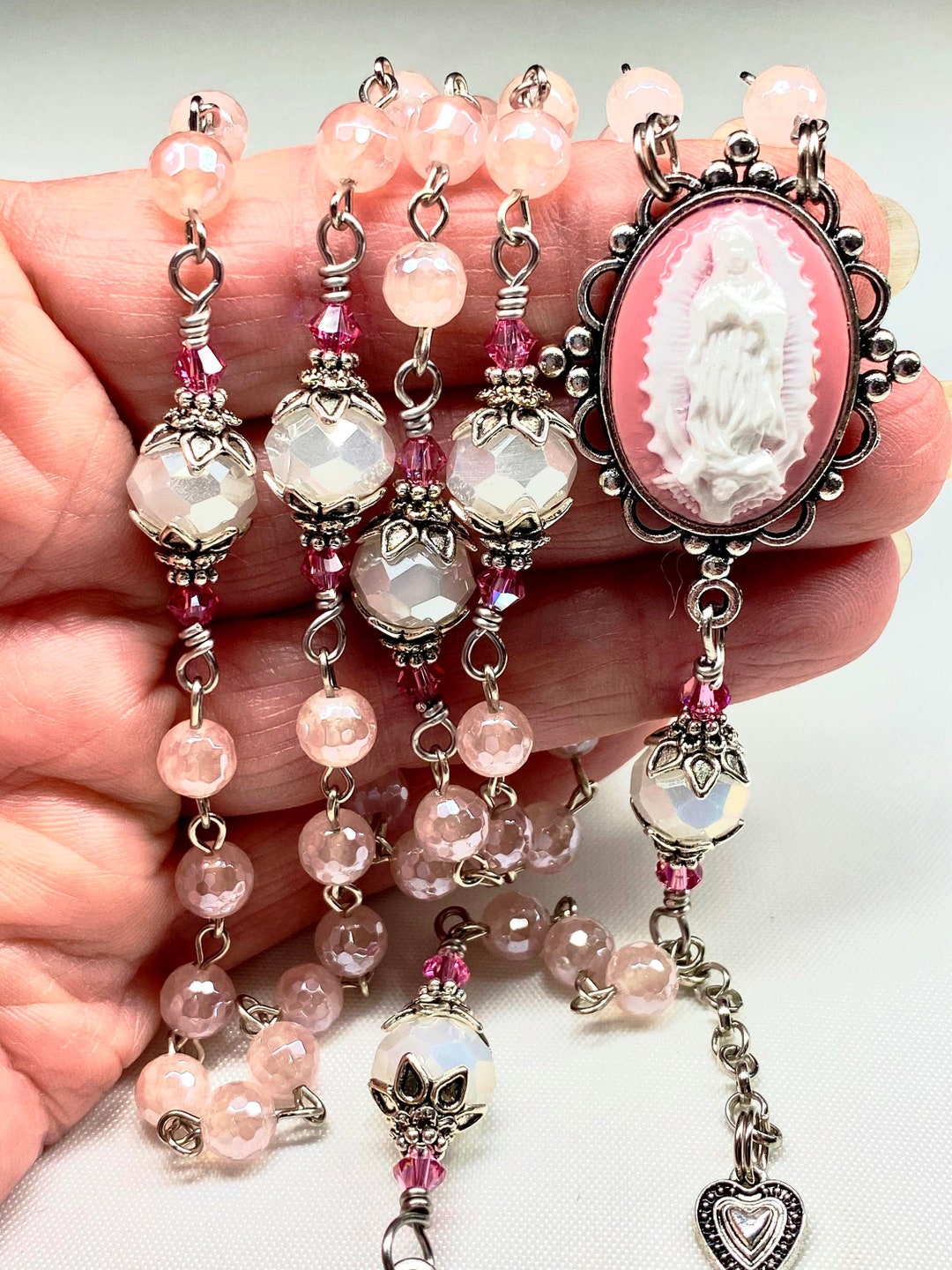 Catholic Rosary,faceted Rose Quartz,white Luster Crystal Rondelles,our ...