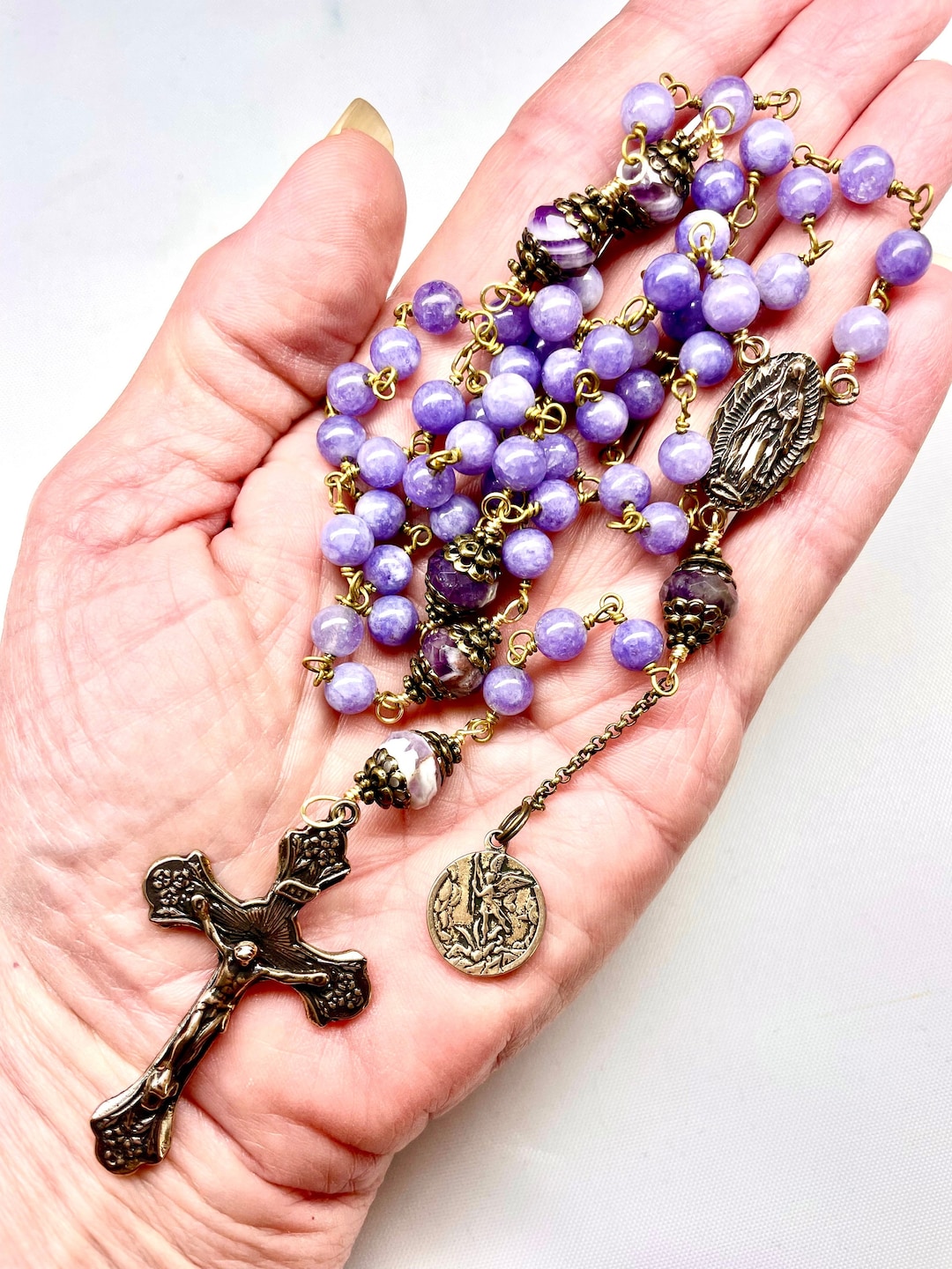Catholic Bronze Rosary, Lavender Jade, Our Lady Guadalupe, St Michael ...