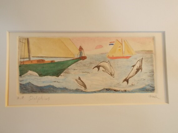 Dolphins. Original hand colored etching by marine artist Parks | Etsy