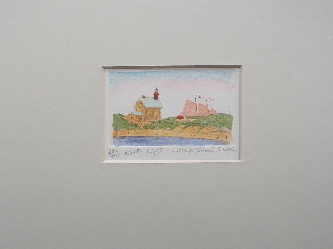 Block Island Lighthouse Etching, Hand Colored Seascape Art, Signed ...