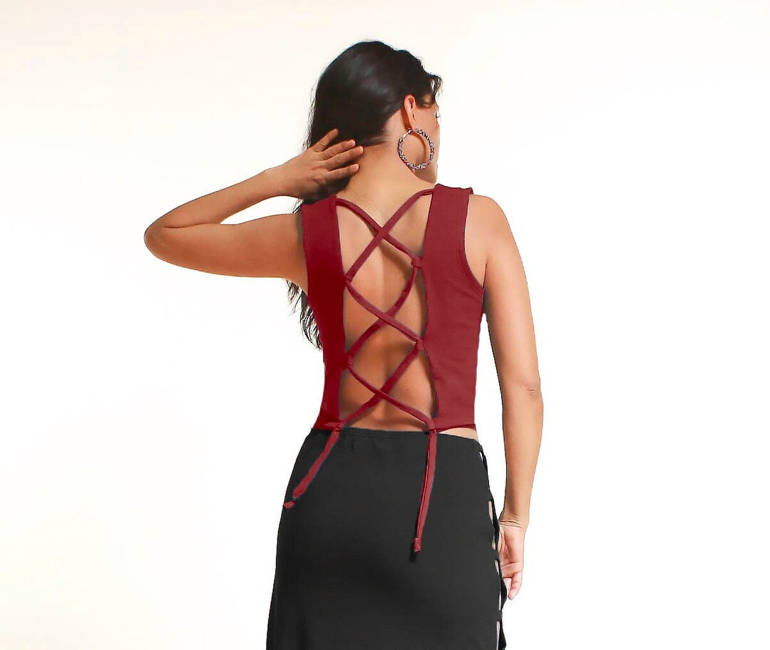 Burgundy Open Back Lace up Tank Top- Pirate Queen Crop Top - Etsy