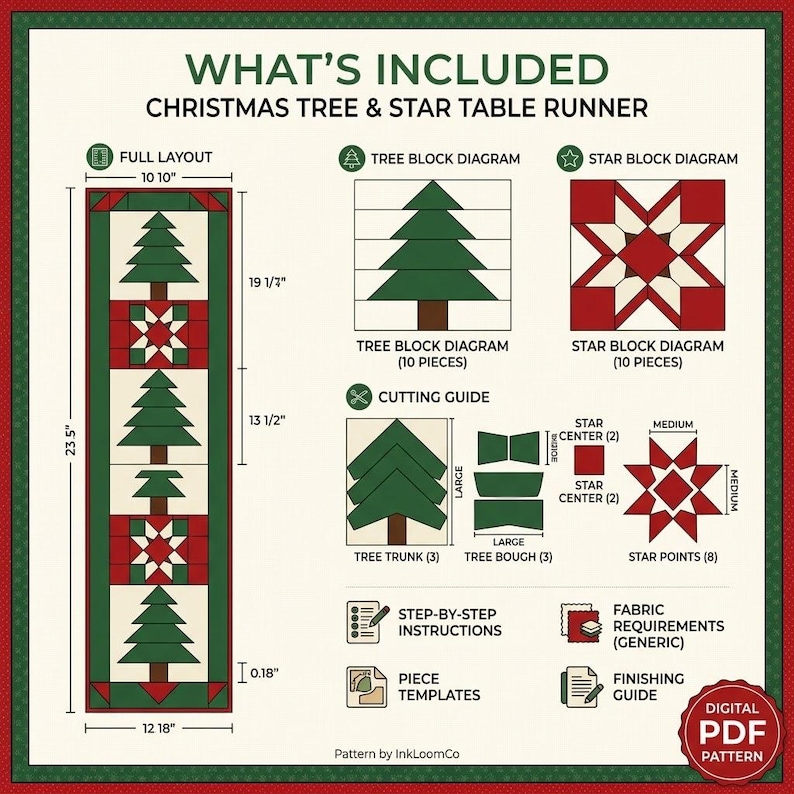 Christmas Tree Table Runner PDF Pattern, Quilted Patchwork Sewing ...