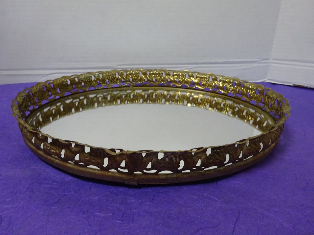 Vintage Vanity Mirrored Tray, Oval Mirror With Brass Edging - Etsy