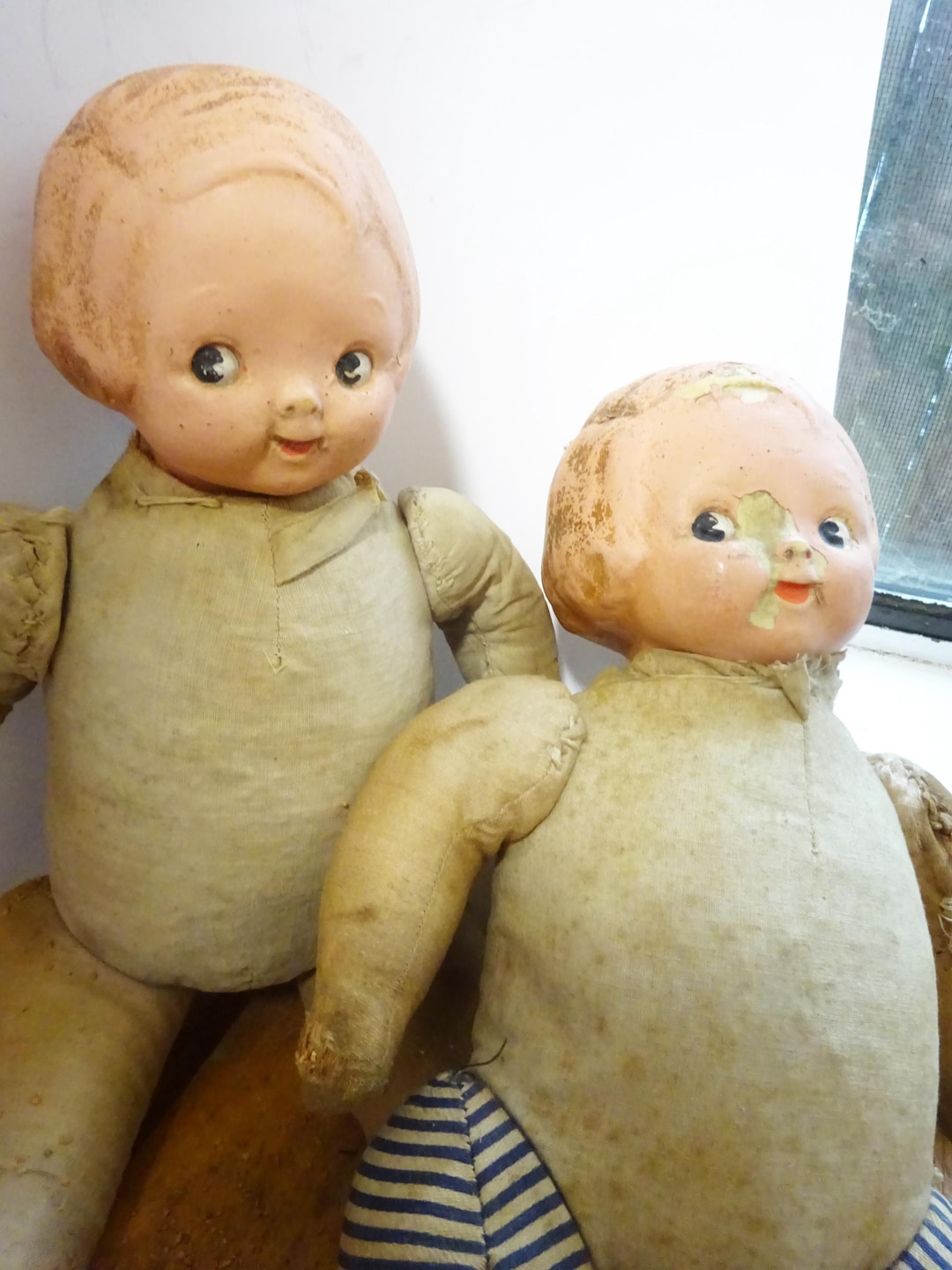 2 Distressed Primitive Dolls, Chalk Heads, Stuffed Cloth Bodies, 1930's ...