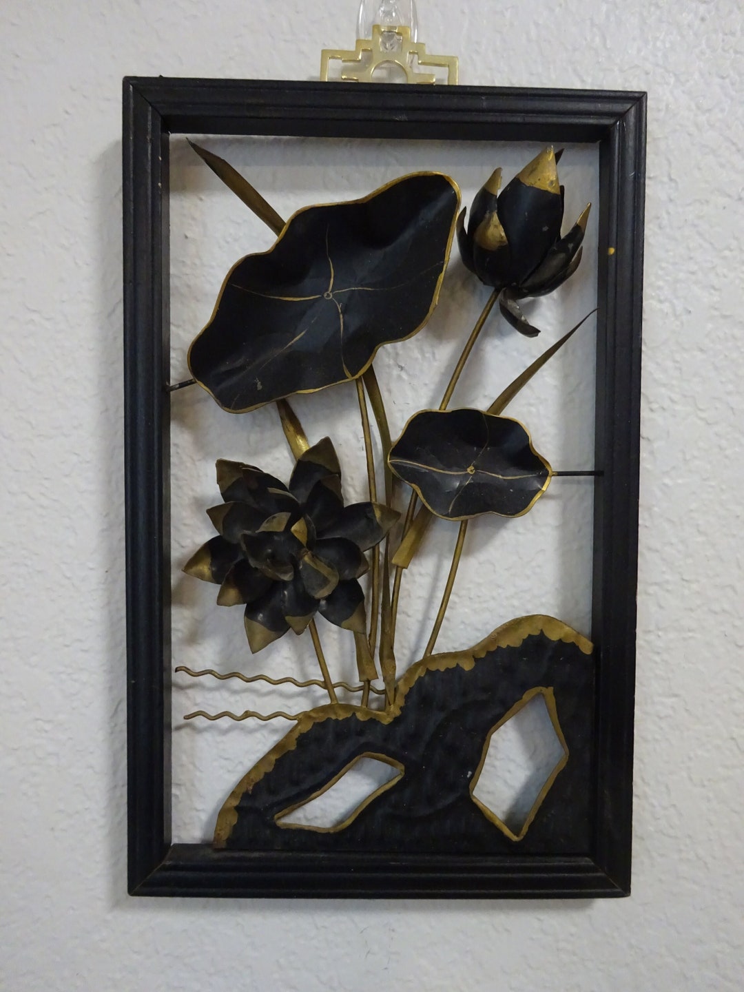 Set of 4 Vintage Asian Metal Art, Floral Wall Plaques, Black and Gold ...