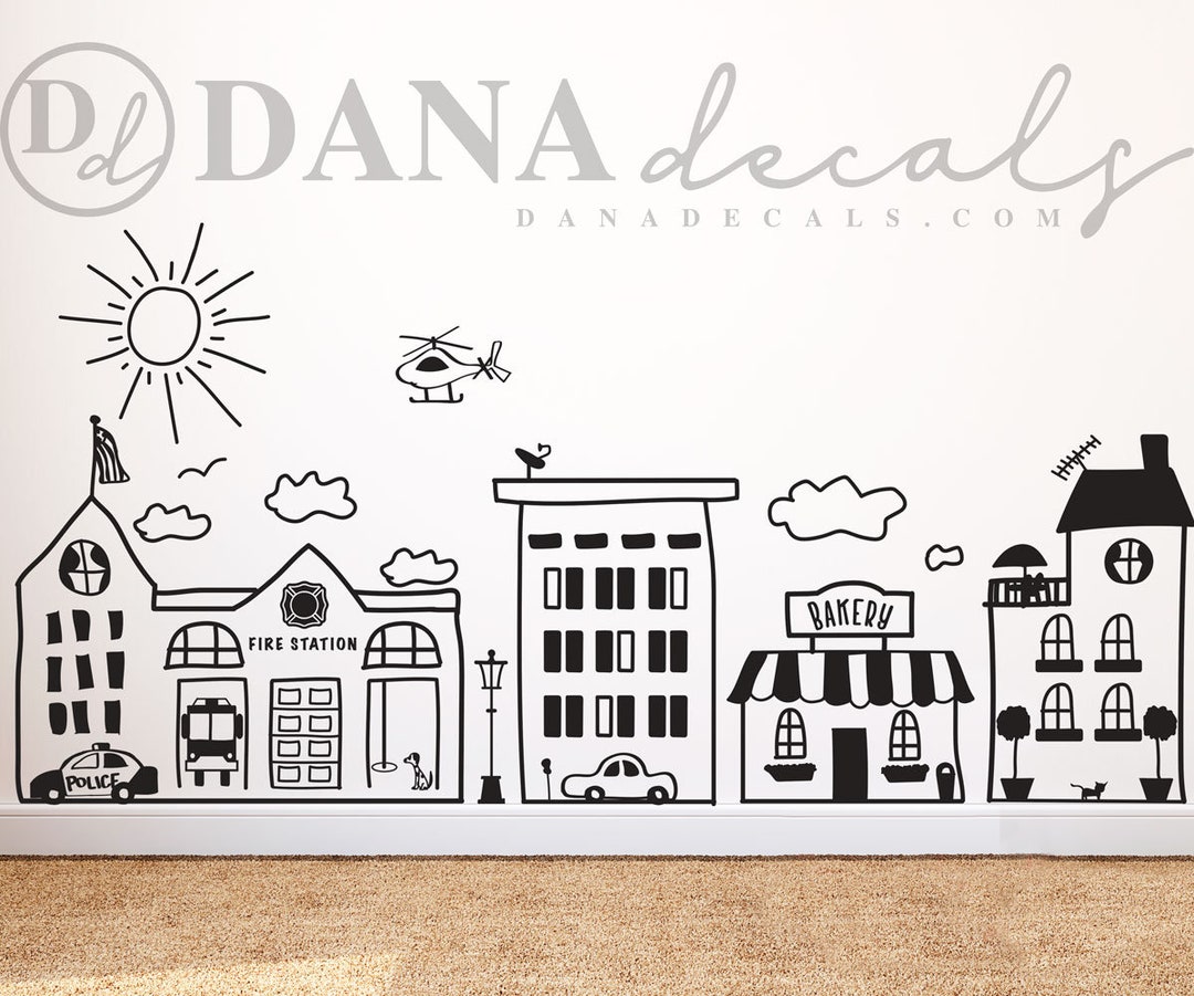 Doodled Town Skyline Wall Decal – Kids Playroom Vinyl Art - Etsy