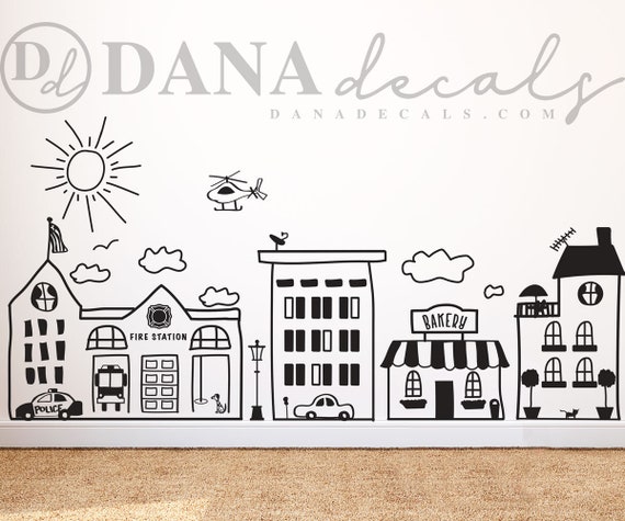 Large Doodled Town Skyline Wall Art Vinyl City Decal for - Etsy