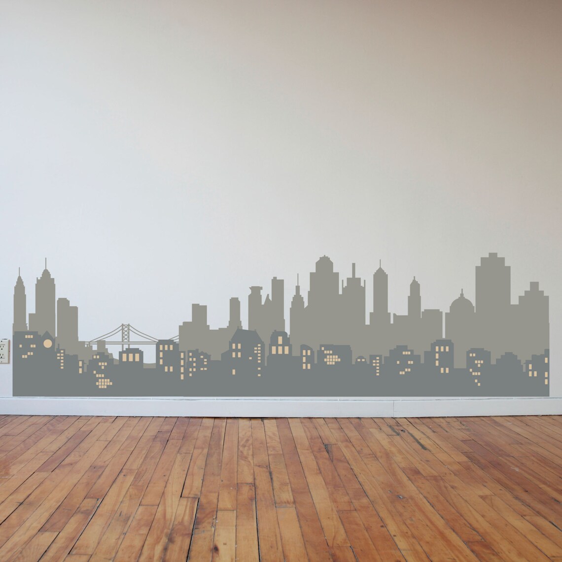 Layered City Skyline Silhouette With City Lights Wall Decal - Etsy