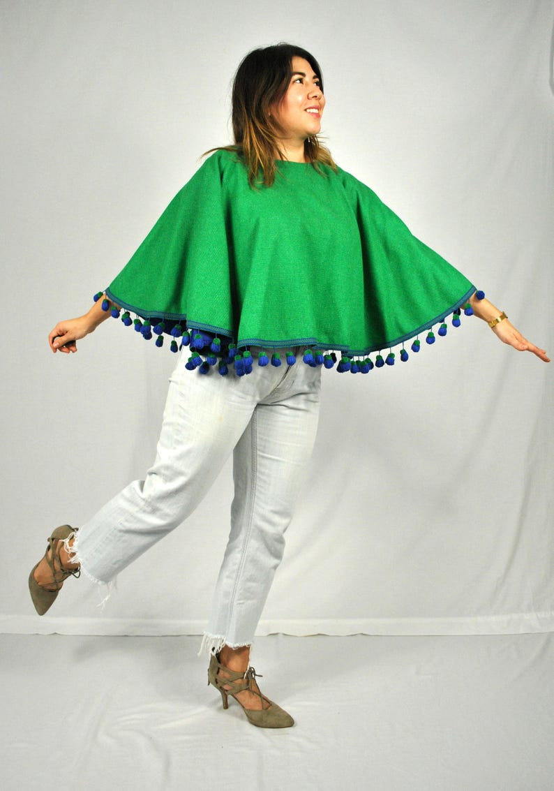 70s Green Cape / Green Poncho / Poncho Cape / Pom Pom Poncho / Cape ...