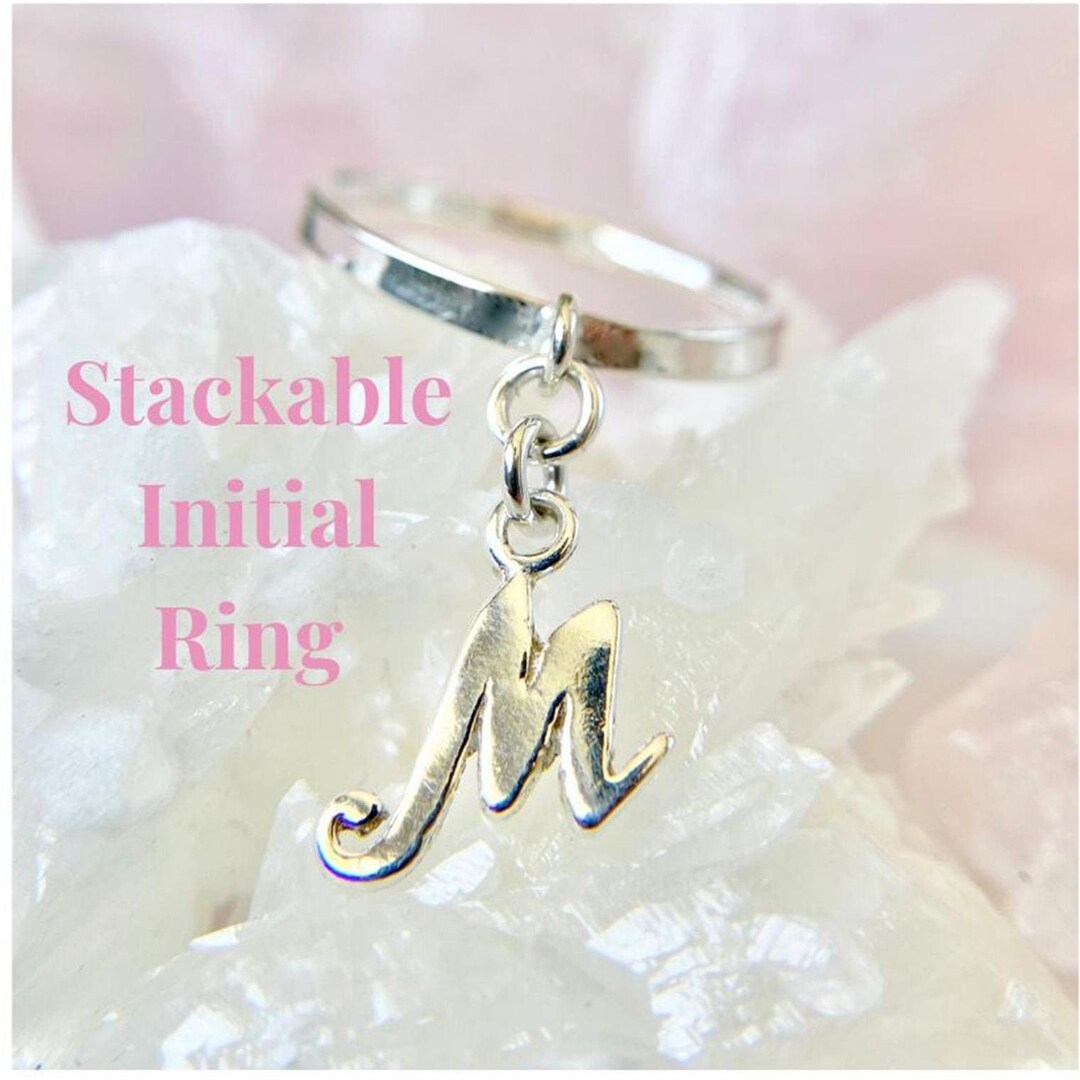 Personalized Initial Charm Ring – Sterling Silver Letter Ring – Dainty Custom Jewelry – Gift for ...