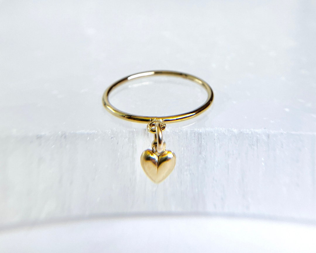 Heart Charm Ring 14K Gold Filled One-sided Thin Heart Dangle Ring Textured Smooth Thin Band ...