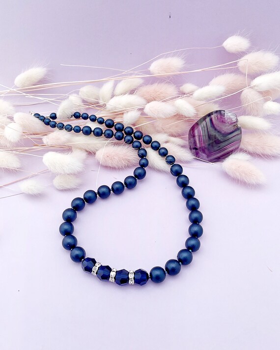 Navy Blue Beaded Necklace Dark Blue Crystals Sparkling - Etsy