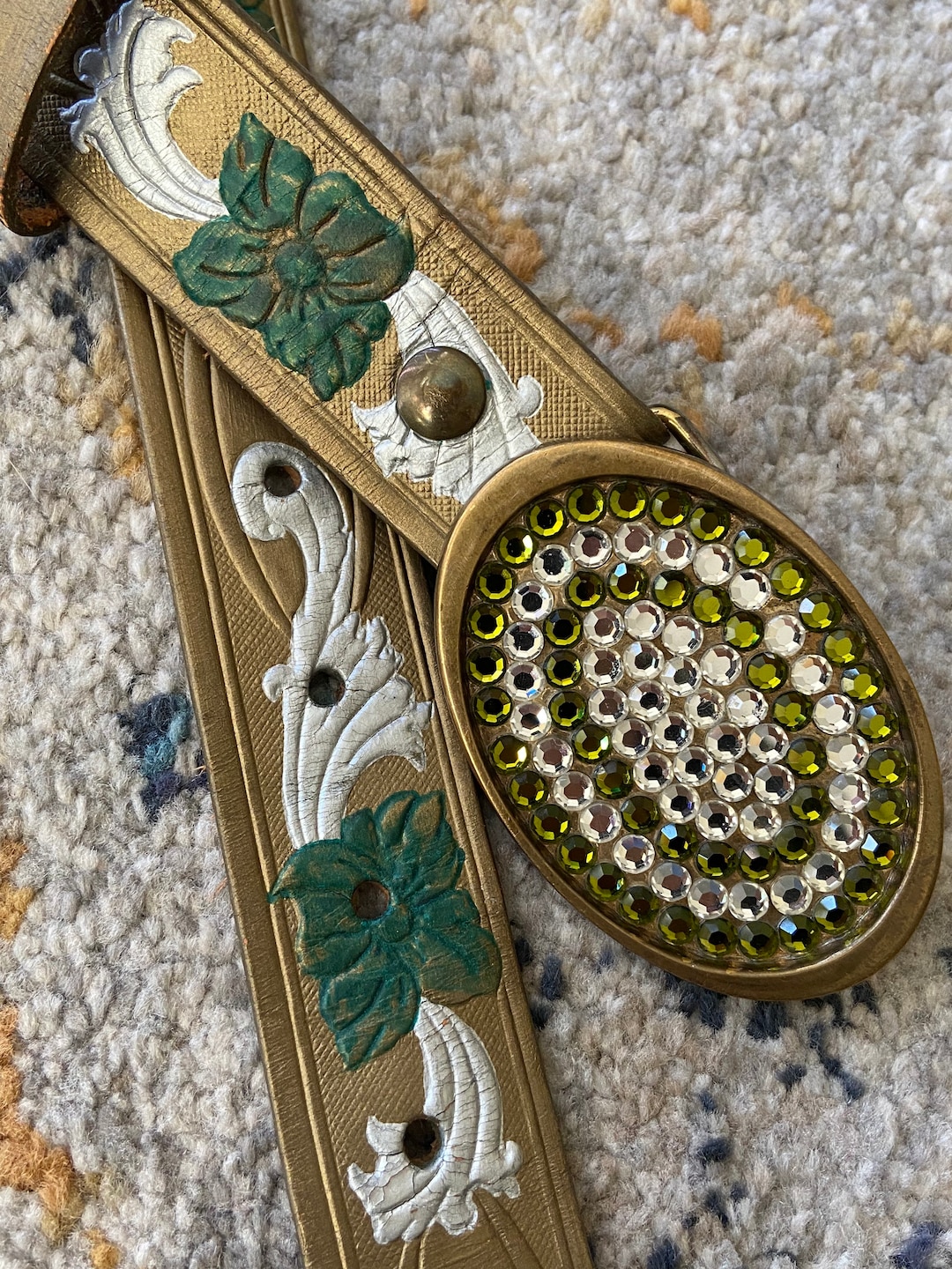 1978 Vintage Hand Painted Leather Belt With Brass Bedazzled Buckle 28 ...