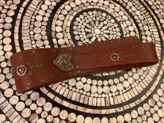 Vintage Leather Boho Belt With Metal Accents Size 31 … - Gem