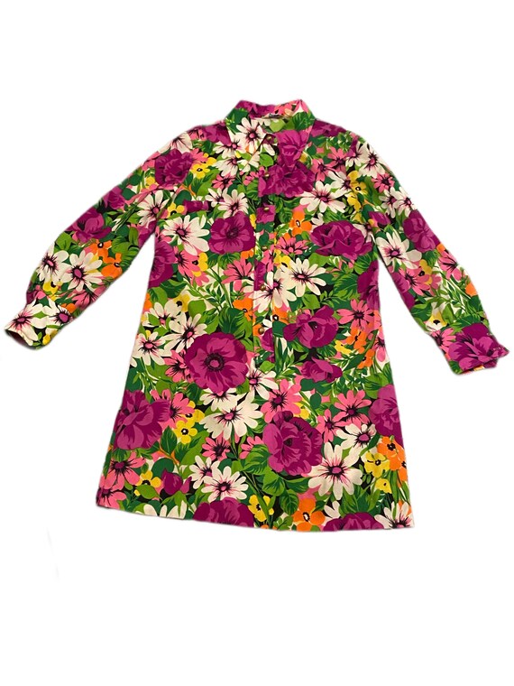 1960s Vintage Floral Print Shirt Dress With Butterfl Gem