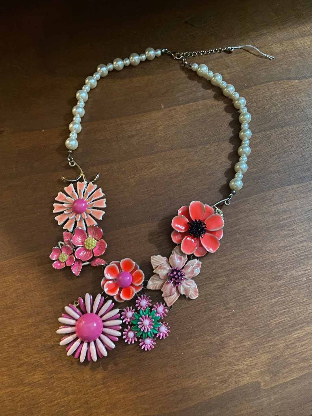 1960s Vintage Colorful Floral Statement Necklace With Faux Pearl Beads ...