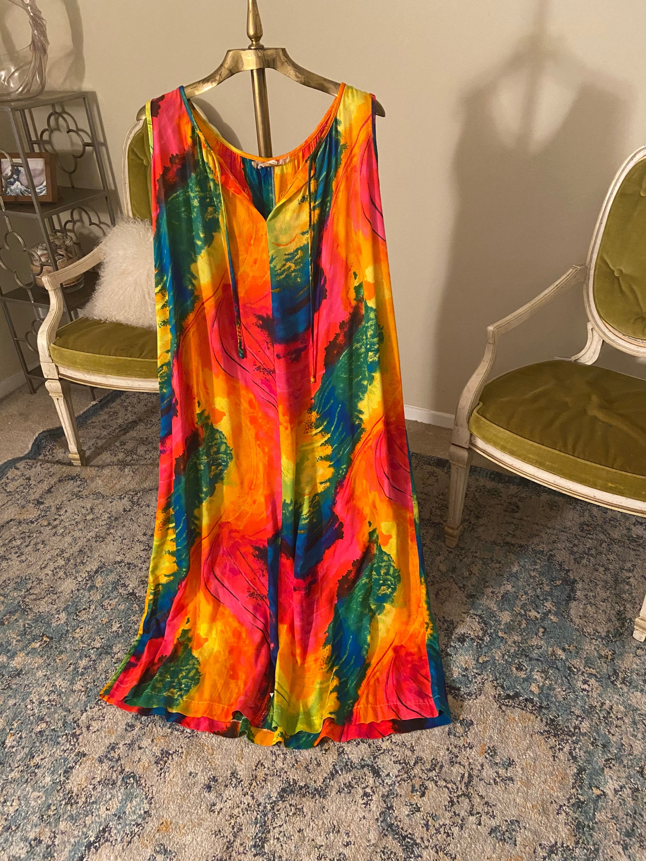 1960s Vintage Rainbow Color Plus Size Maxi Dress 48 Inch Bust Size ...