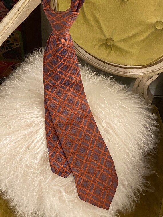 1960’s Orange & Blue Geometric Shapes Silk Necktie Fr… - Gem
