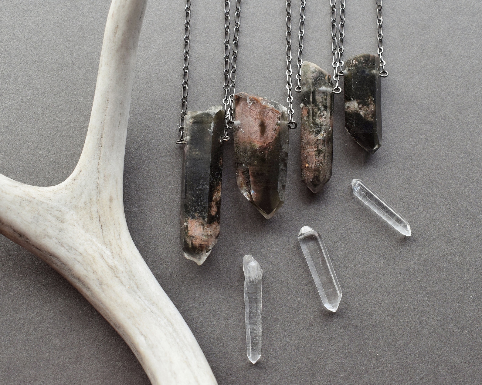 Shadow Garden Quartz Necklace, Raw Lodolite Crystal Pendant, Witchy ...