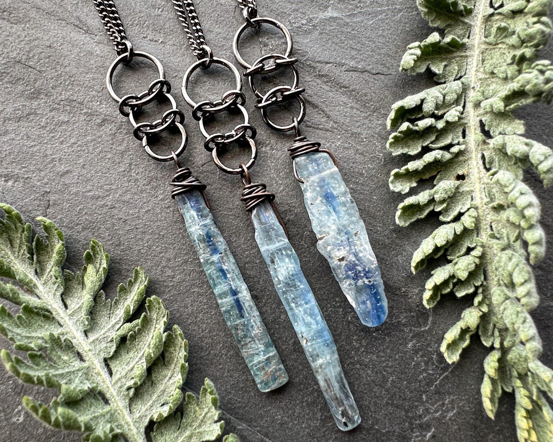 Witchy Blue Kyanite Necklace, Gothic Raw Crystal Pendant, Alt Boho ...