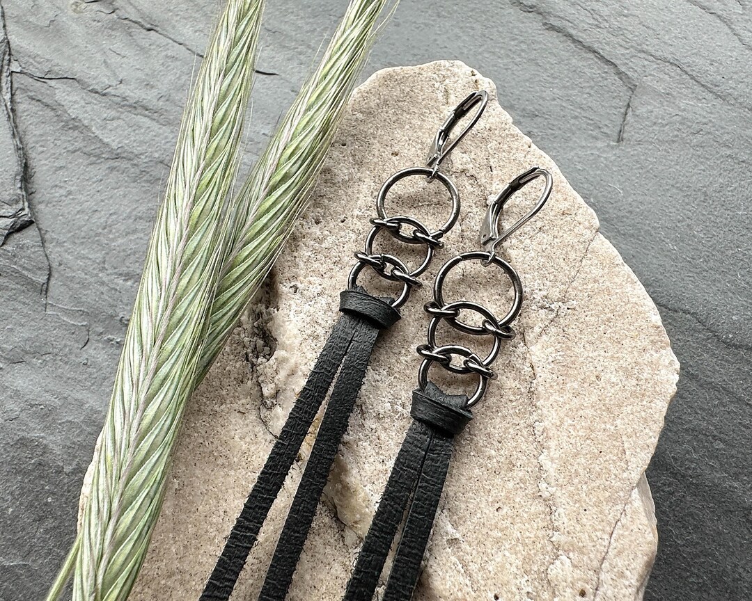 Gothic Leather Chainmail Earrings, Gunmetal Alt Grunge Jewelry, Cool ...