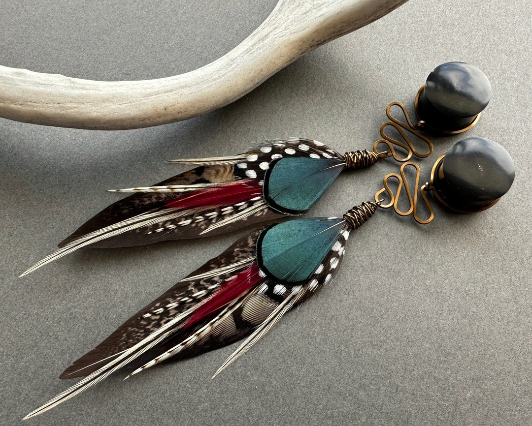 Feather Dangle Plugs, Brown Purple Teal Wood Ear Gauges, 4g 2g 0g 00g 1 ...