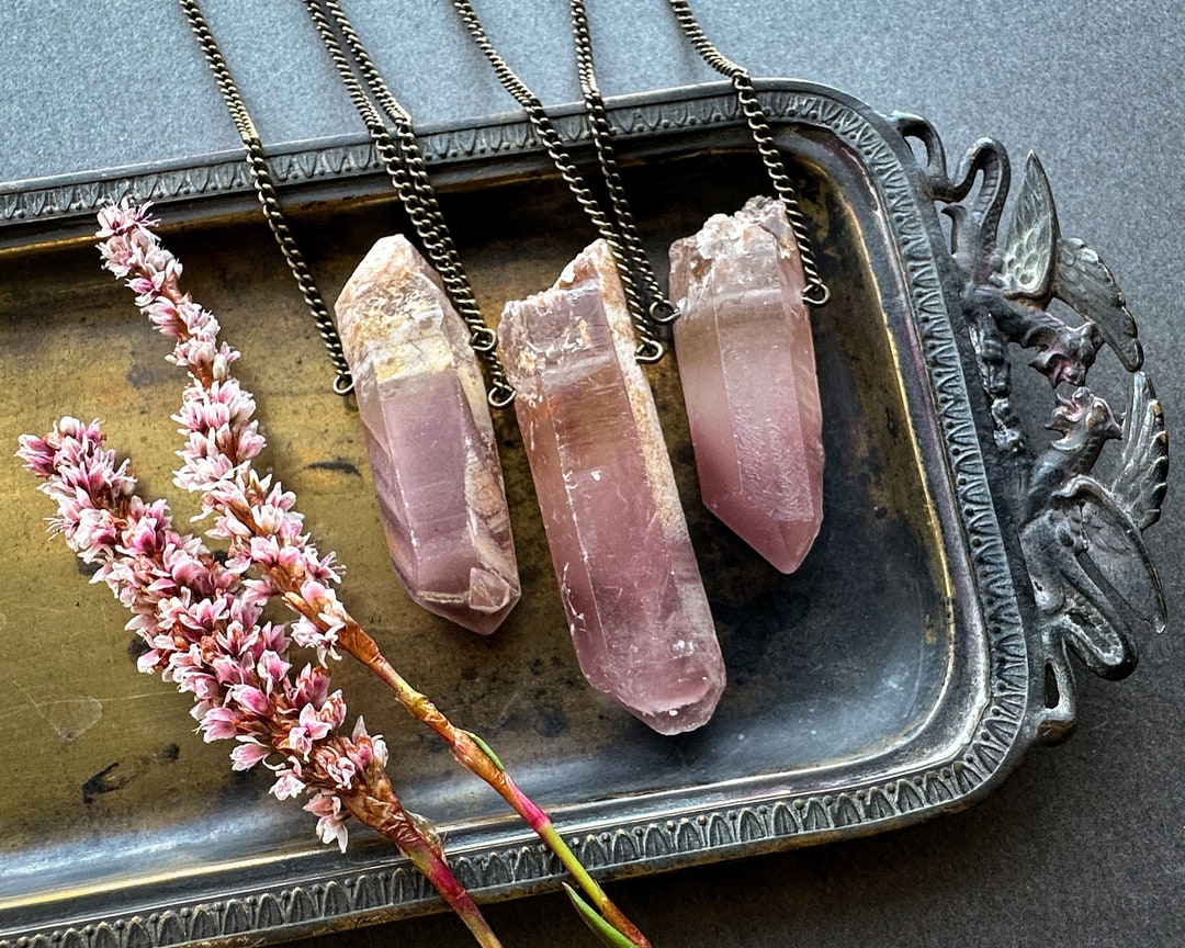 Raw Rusty Lithium Quartz Necklace, Natural Pink Gemstone Crystal Point ...